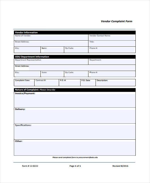 FREE 8+ Sample Vendor Complaint Forms in PDF | MS Word