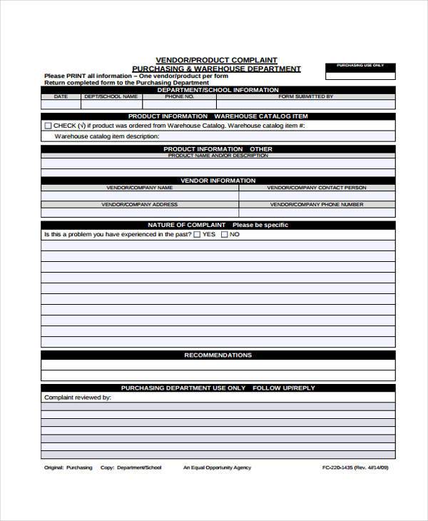 FREE 8+ Sample Vendor Complaint Forms in PDF | MS Word