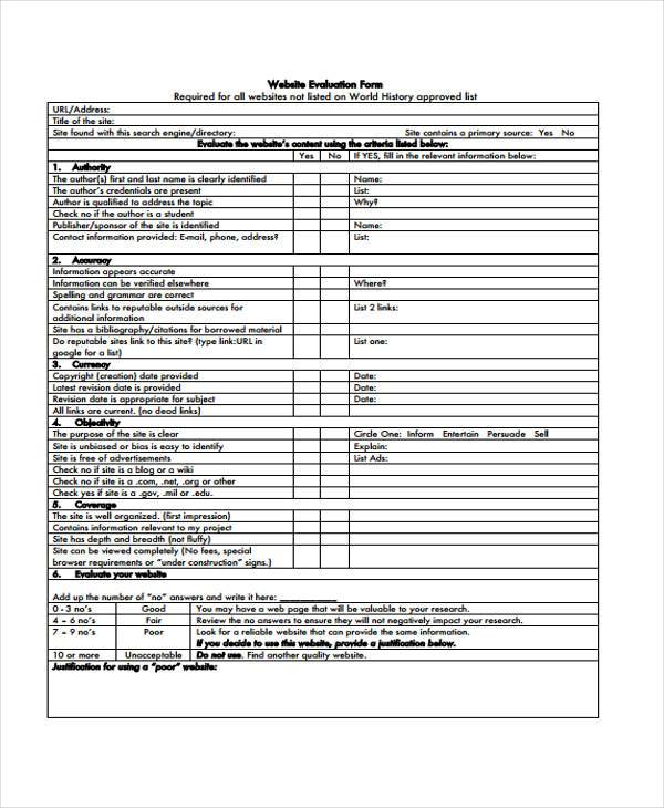 FREE 12+ Website Evaluation Form Samples, PDF, MS Word, Google Docs