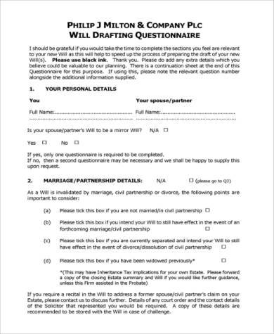 FREE 9+ Sample Will Questionnaire Forms in PDF | MS Word | Excel