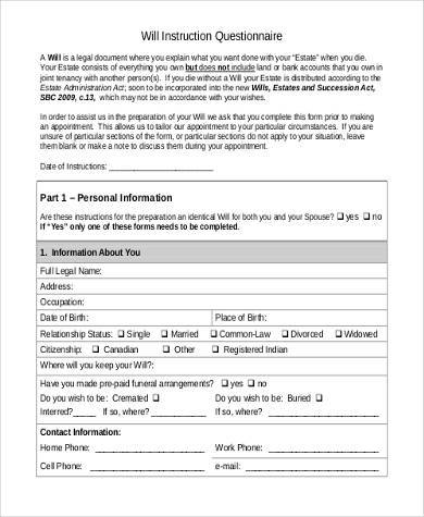 FREE 9+ Sample Will Questionnaire Forms in PDF | MS Word | Excel