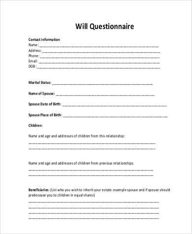 FREE 9+ Sample Will Questionnaire Forms in PDF | MS Word | Excel