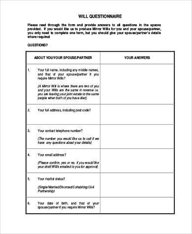 FREE 9+ Sample Will Questionnaire Forms in PDF | MS Word | Excel