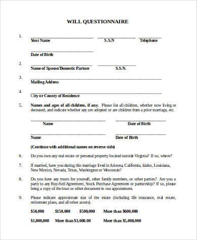 FREE 9+ Sample Will Questionnaire Forms in PDF | MS Word | Excel