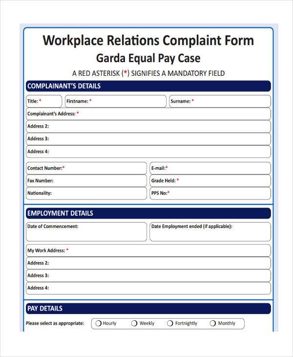 FREE 8+ Sample Workplace Complaint Forms in PDF | MS Word