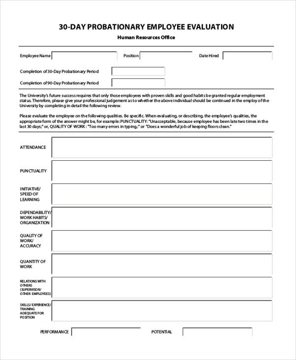 30 Day Employee Evaluation Form