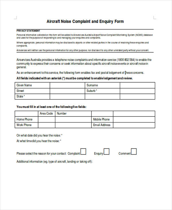 FREE 8+ Sample Noise Complaint Forms in PDF | MS Word
