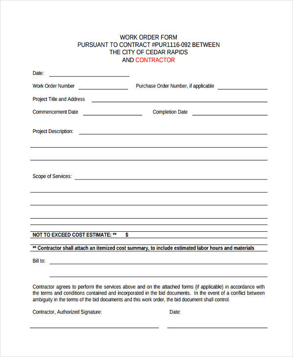 FREE 27 Printable Work Order Forms In PDF Excel MS Word