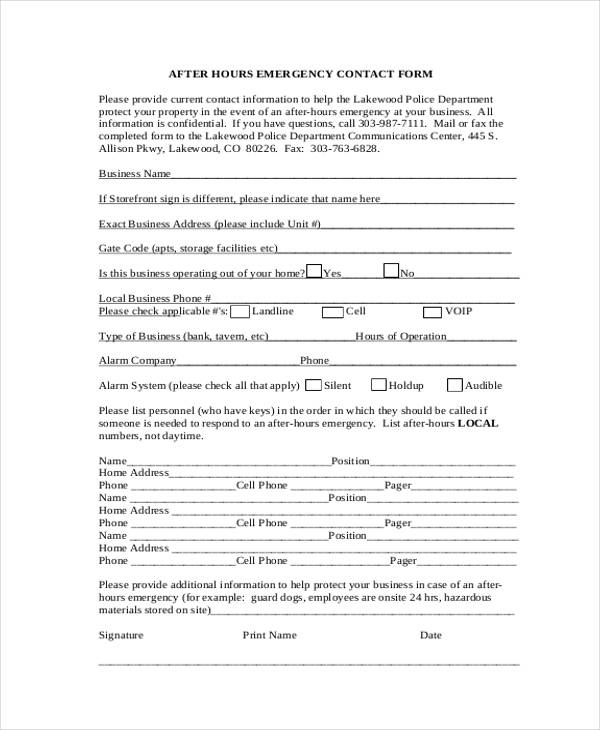 FREE 38+ Emergency Contact Form Samples, PDF, MS Word, Google Docs, Excel
