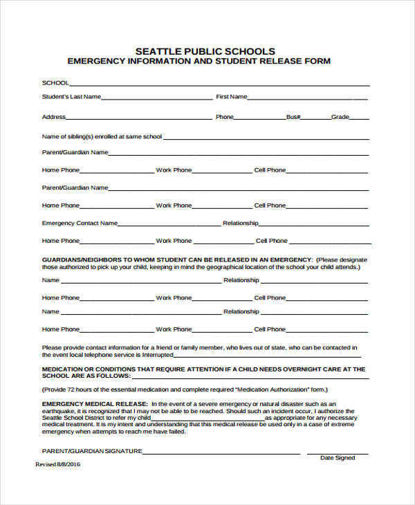 FREE 25+ Emergency Release Form Samples, PDF, MS Word, Google Docs