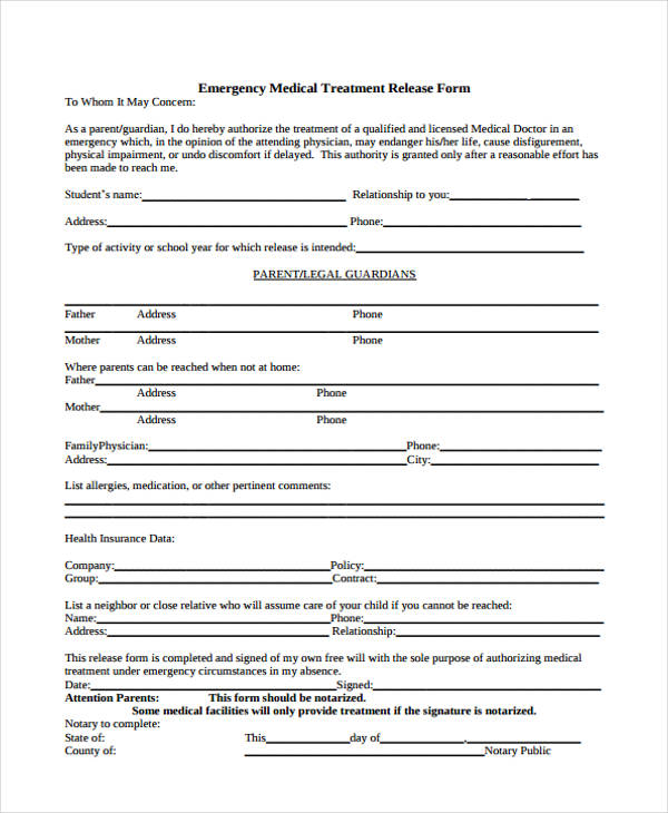 FREE 25+ Emergency Release Form Samples, PDF, MS Word, Google Docs