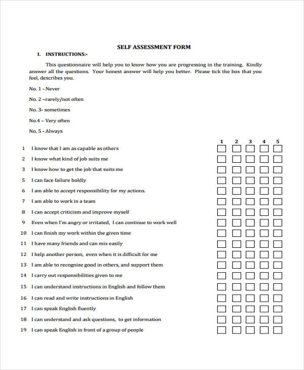 FREE 40+ Self-Assessment Form Samples, PDF, MS Word, Google Docs, Excel