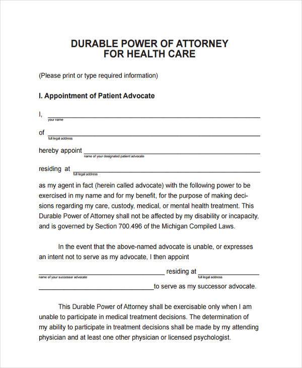 Medical Power Of Attorney Michigan Template