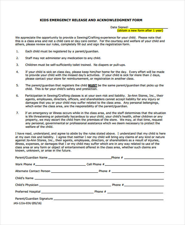 FREE 25+ Emergency Release Form Samples, PDF, MS Word, Google Docs