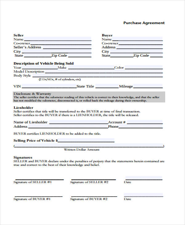FREE 8+ Vehicle Purchase Agreement Forms in PDF | MS Word