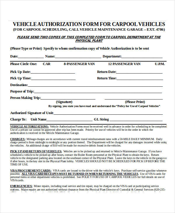 FREE 20+ Vehicle Authorization Form Samples, PDF, MS Word, Google Docs
