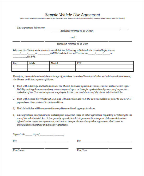 Borrowed Vehicle Agreement Template