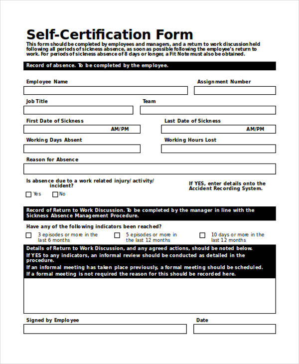 Printable Self Certification Form Nhs Printable Forms Free Online