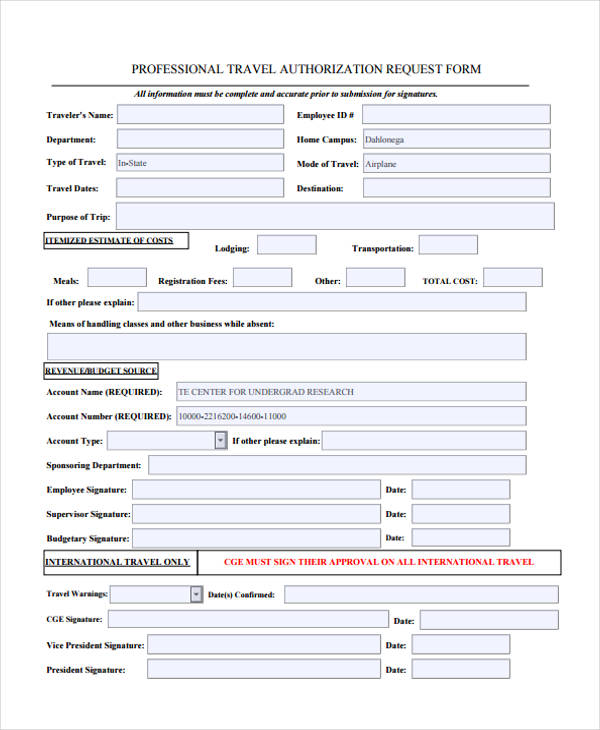 Business Travel Request Form Template Excel