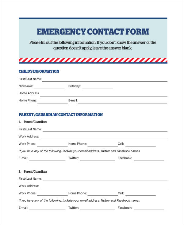 FREE 38+ Emergency Contact Form Samples, PDF, MS Word, Google Docs, Excel