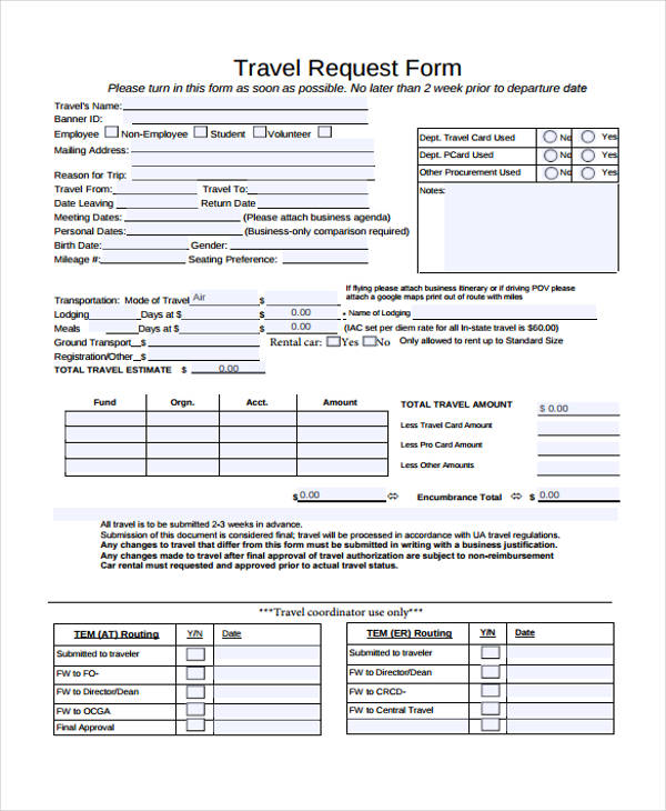 Business Travel Request Form Template Excel