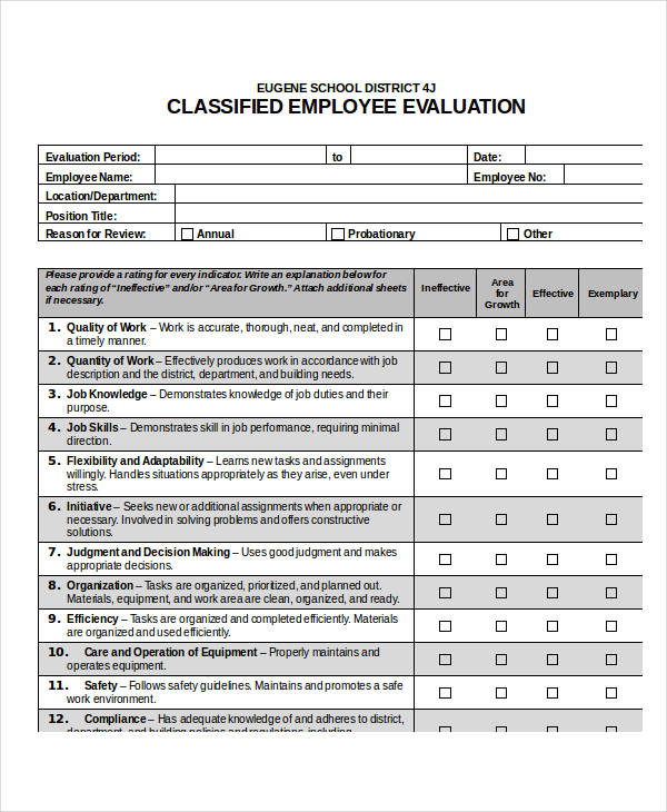 Sample Employee Evaluation Forms Evaluation Employee Evaluation Form 