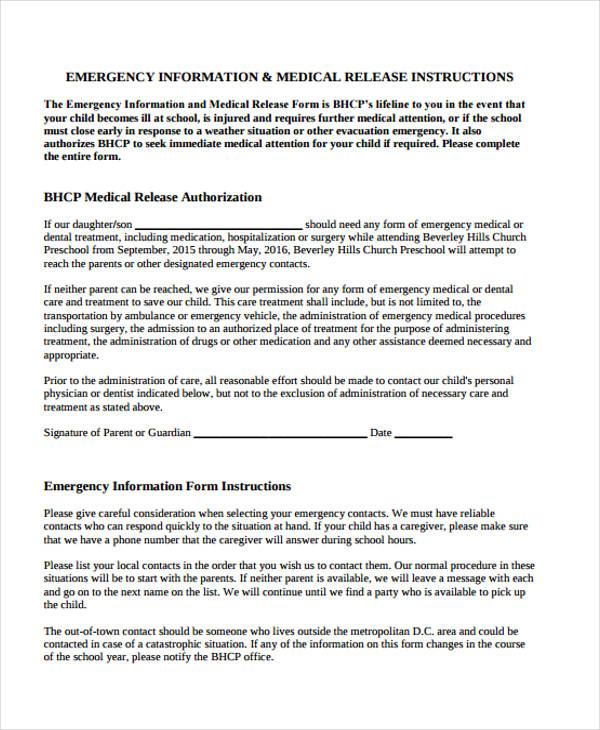 FREE 25+ Emergency Release Form Samples, PDF, MS Word, Google Docs