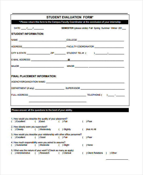 FREE 54+ Student Evaluation Forms in PDF