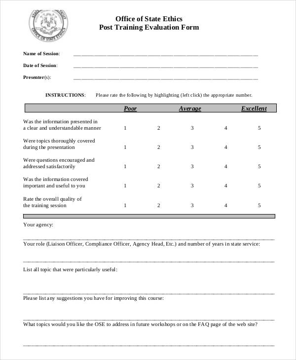 Training Template Evaluation Form HQ Printable Documents