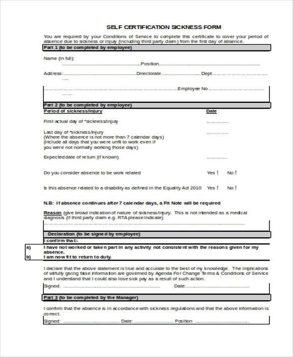 Printable Self Cert Sick Form Printable Forms Free Online