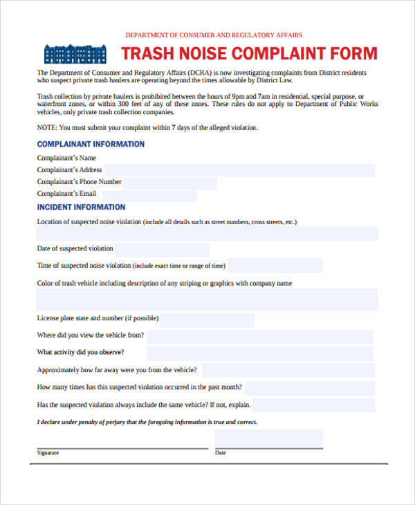 FREE 8+ Sample Noise Complaint Forms in PDF | MS Word