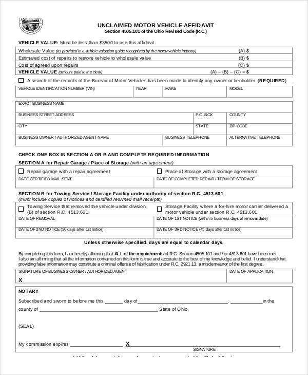 FREE 15+ Vehicle Affidavit Form Samples, PDF, MS Word, Google Docs