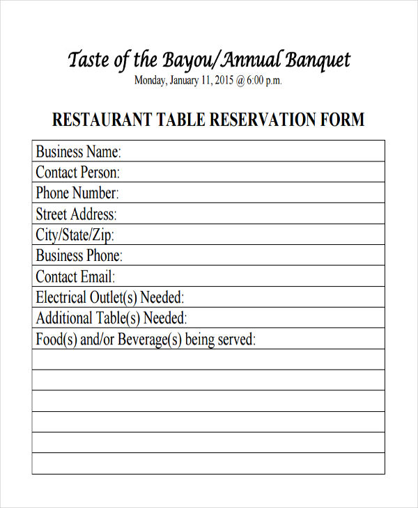 FREE 15+ Restaurant Reservation Form Samples, PDF, MS Word, Google Docs