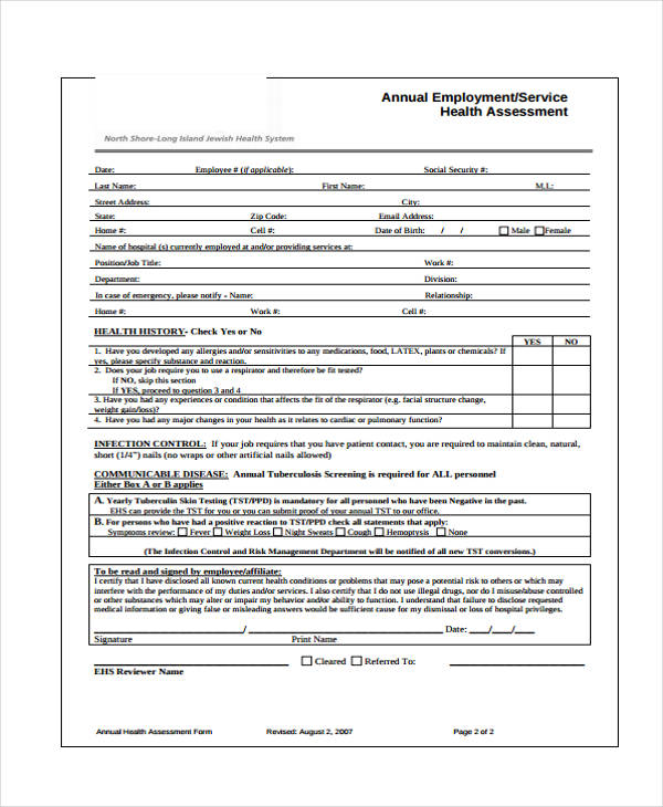 FREE 39+ Health Assessment Form Samples in PDF | MS Word
