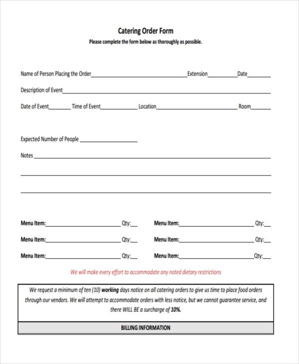 FREE 11 Catering Order Forms In PDF Excel MS Word