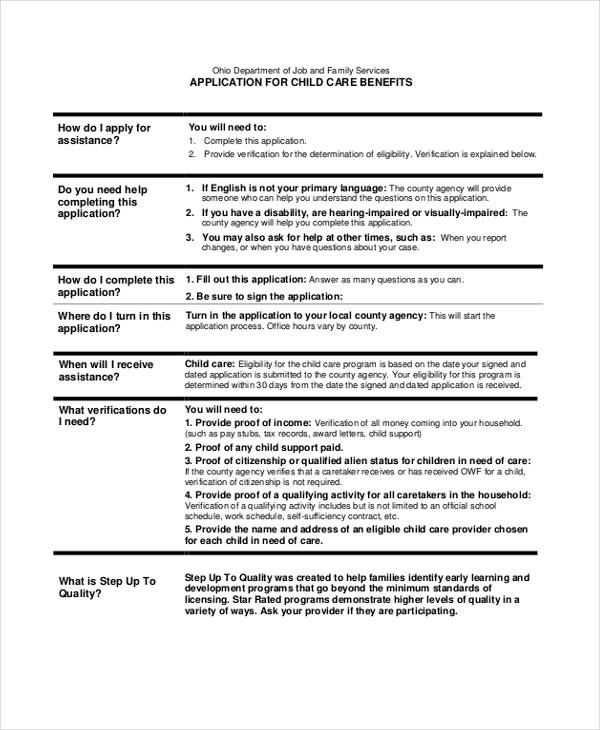 FREE 11+ Child Care Application Forms in PDF | MS Word