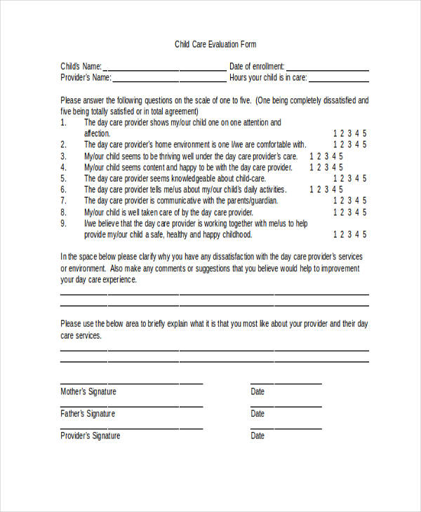 FREE 7+ Sample Child Care Evaluation Forms in MS Word | PDF