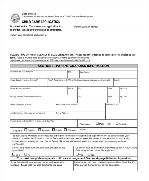 FREE 11+ Child Care Application Forms in PDF | MS Word