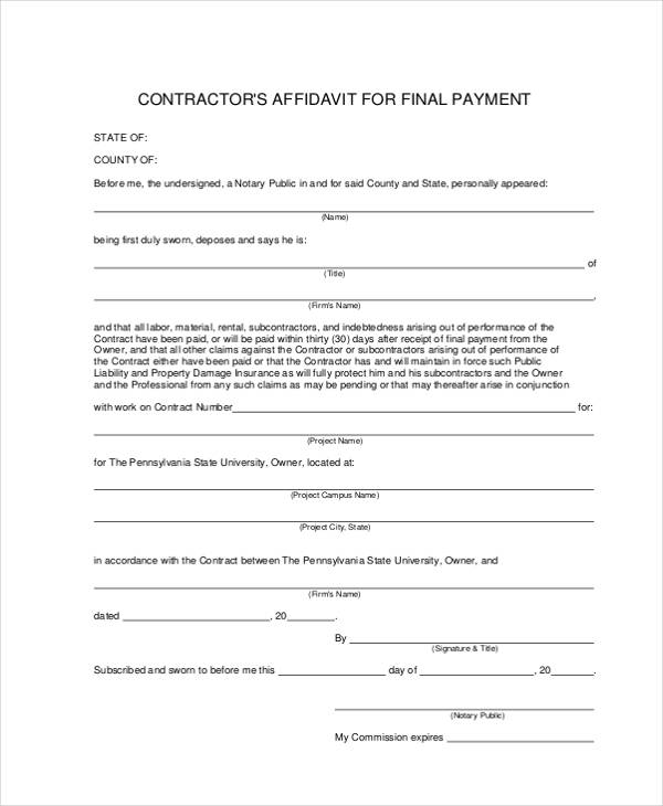 FREE 11+ Contractor Affidavit Forms in PDF | MS Word | Excel