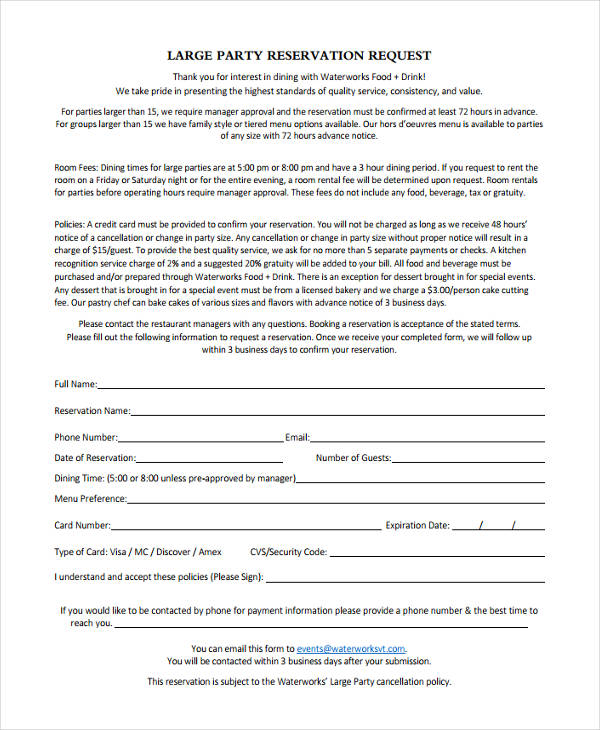 FREE 11+ Sample Party Reservation Forms in PDF | MS Word