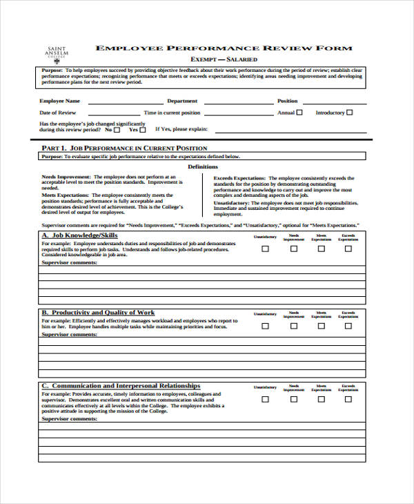 Performance Review Quality Of Work Performance Review Sample
