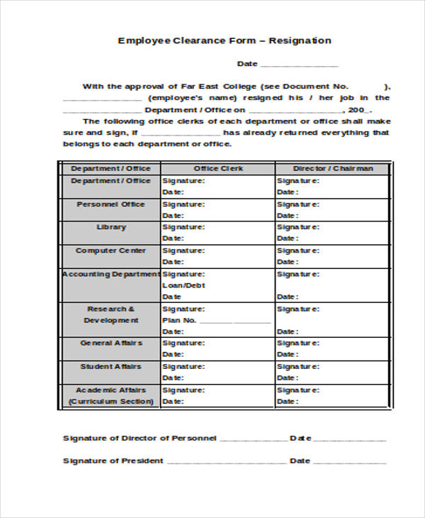 FREE 14+ Employee Clearance Form Samples, PDF, MS Word, Google Docs