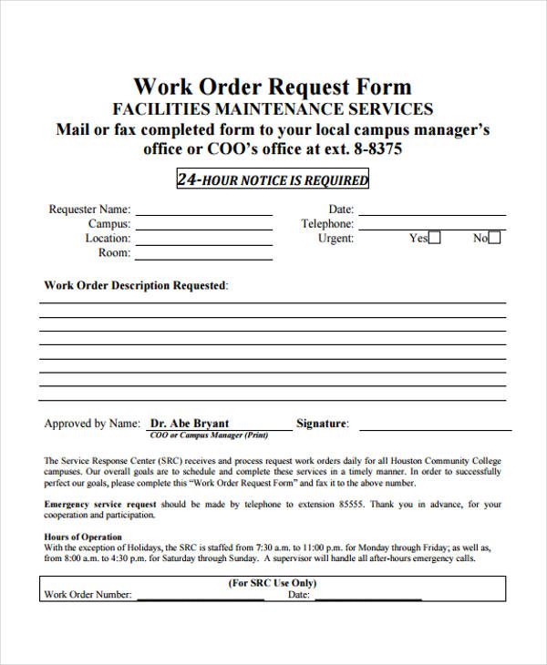 FREE 11+ Maintenance Work Order Form Samples, PDF, MS Word, Google Docs