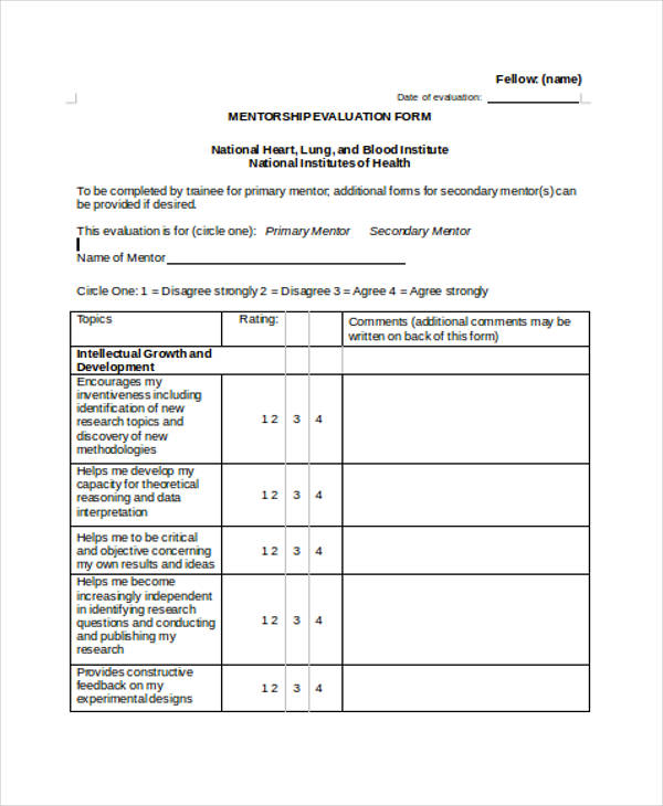 FREE 13+ Mentor Evaluation Form Samples, PDF, MS Word, Google Docs