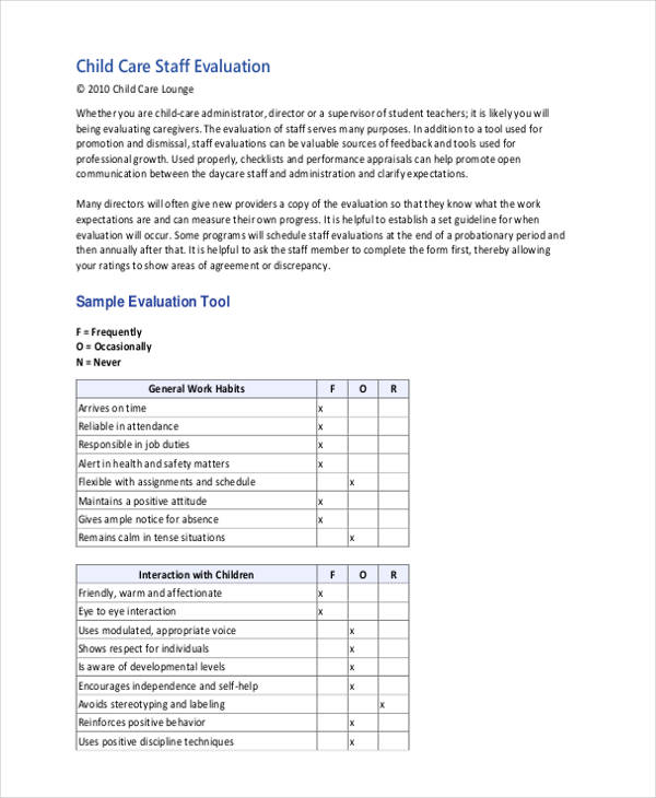 FREE 7+ Sample Child Care Evaluation Forms in MS Word | PDF