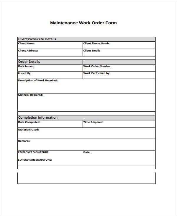 FREE 11+ Maintenance Work Order Form Samples, PDF, MS Word, Google Docs