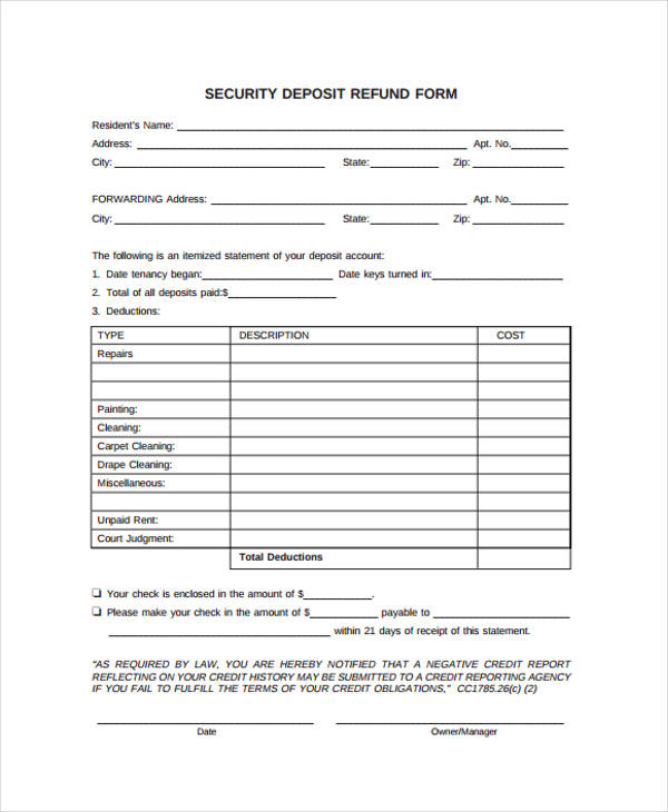 FREE 10+ Security Deposit Return Forms in PDF | MS Word