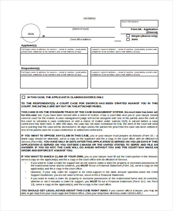 FREE 5+ Sample Divorce Application Forms in PDF | MS Word