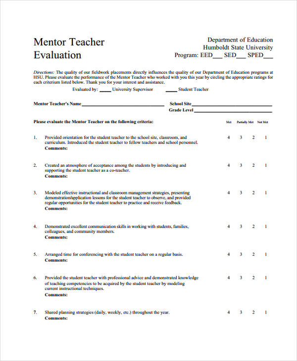 FREE 13+ Mentor Evaluation Form Samples, PDF, MS Word, Google Docs