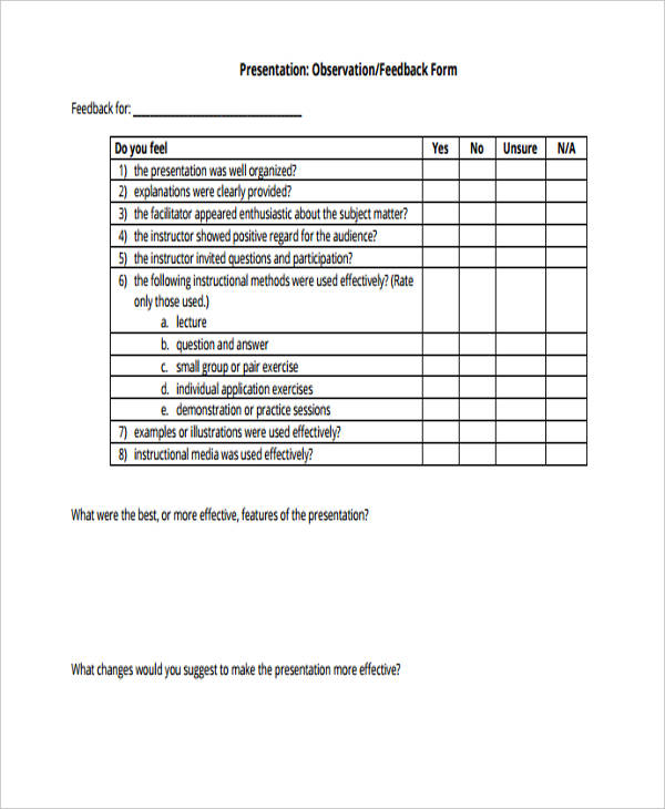 FREE 20 Presentation Feedback Forms In PDF Excel MS Word
